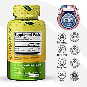 ORZAX Vitamin D3 2000 iu Softgels, 360 Days Supply, Supports Immune System & Bone Healths, Mood Booster D3 Vitamin, Gluten-Free, 50 mcg, 360 Mini Softgel