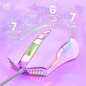 NEWSTYP Cute RGB 6400 DPI Wired Gaming Mouse Breathing LED Optical USB 7 Buttons Gamer Computer Pink Mice for Laptop PC Desktop (Purple)