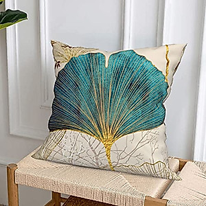LOHDALOLF Teal and Gold Pillow Covers Set of 4 Turquoise Leaf Floral Pillow Cases Modern Simple Style Decorative Cushion Covers for Sofa Couch 18x18 Inch