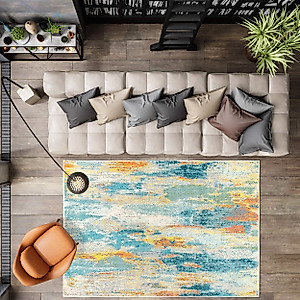 JONATHAN Y CTP106B-4 Contemporary POP Modern Abstract Vintage Waterfall Blue/Cream/Yellow 4 ft. x 6 ft. Area-Rug, Bohemian,Easy-Cleaning,ForBedroom,Kitchen,LivingRoom, Non Shedding