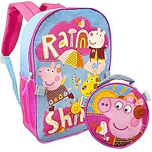 Peppa Pig Backpack with Lunch Box for Kids - 5 Pc Bundle with 16" Peppa Pig School Backpack Bag, Lunch Bag, Water Bottle, Stickers, and More | Peppa Pig Backpack for Girls