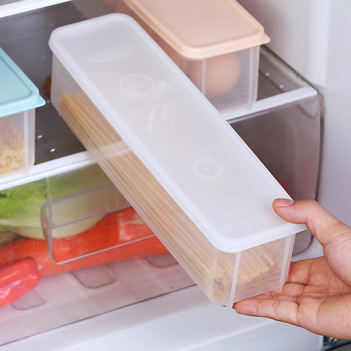 FEOOWV Set of 6 Pasta Storage Containers with Lid, Airtight Spaghetti Noodle Holder Rectangular Chopstick Storage Box Sealed Noodle Canisters for Refrigerator, Kitchen Pantry (White)