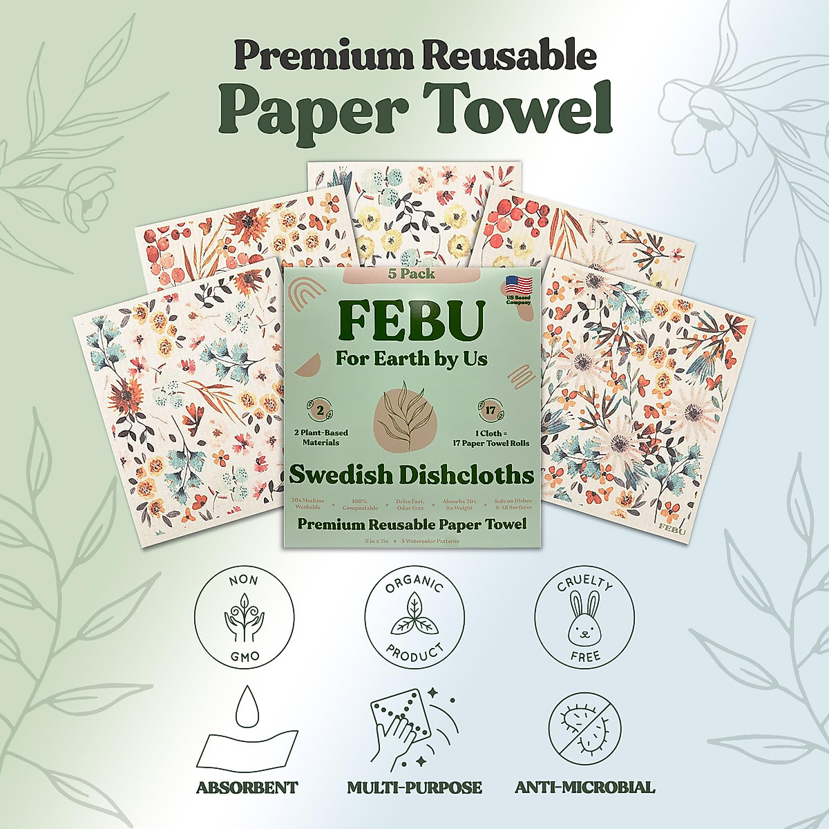 FEBU Swedish Dishcloths for Kitchen | 5 Pack Watercolor Reusable Paper Towels Washable | Swedish Dish Towels | Non-Scratch Cellulose Sponge Cloths | No Odor, Biodegradable Cleaning Cloths