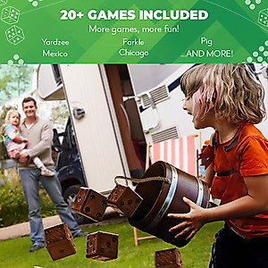 SWOOC Games - Yardzee, Farkle & 20+ Giant Dice Games (All Weather) with Wood Bucket, 5 Scorecards & Marker - Yard Dice Outdoor Game - Large Dice Jumbo - Giant Yard Games - Outside Games - Lawn Games