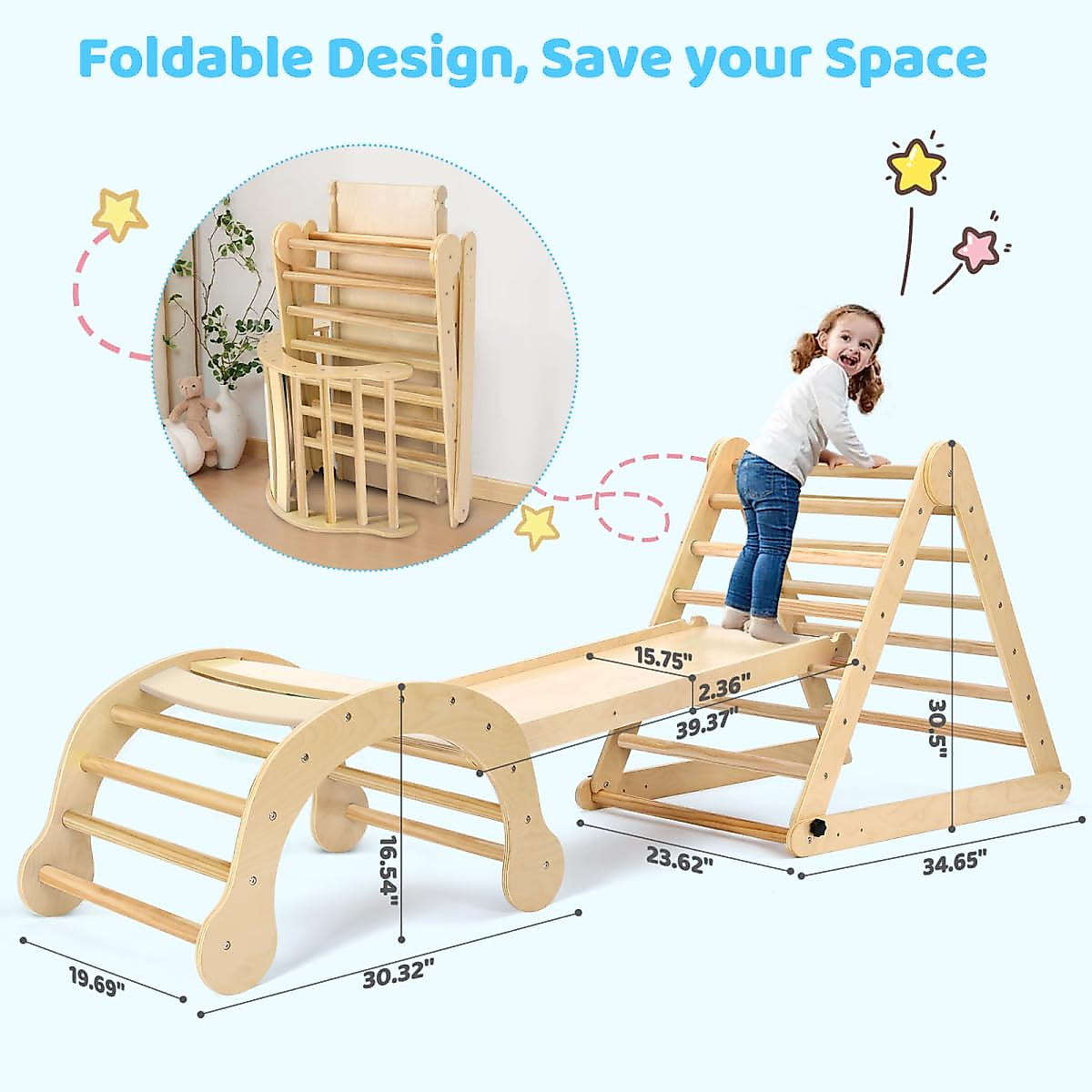 YOLEO Pikler Triangle Set, Foldable 5-in-1 Montessori Climbing Set Fun Baby Pickler-3 Piece Climbing Jungle Gym and Indoor Playground Climbing Toys for Toddlers 1-3 Inside