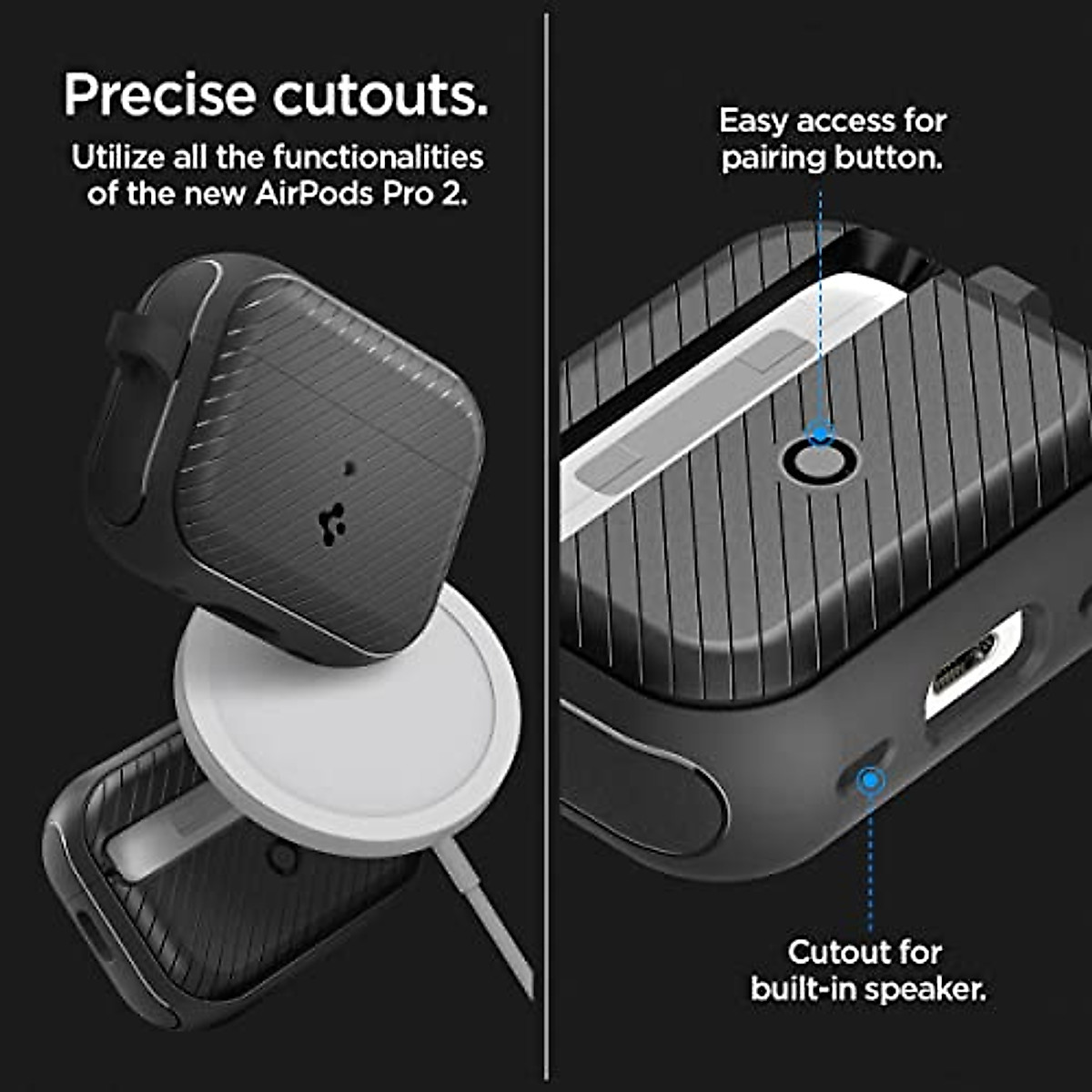 Spigen Mag Armor (Mag Fit) Designed for AirPods Pro 2nd Generation Case (USB-C/Lightening Cable) MagSafe Compatible Case Cover with Keychain (Magnets Embedded) - Matte Black