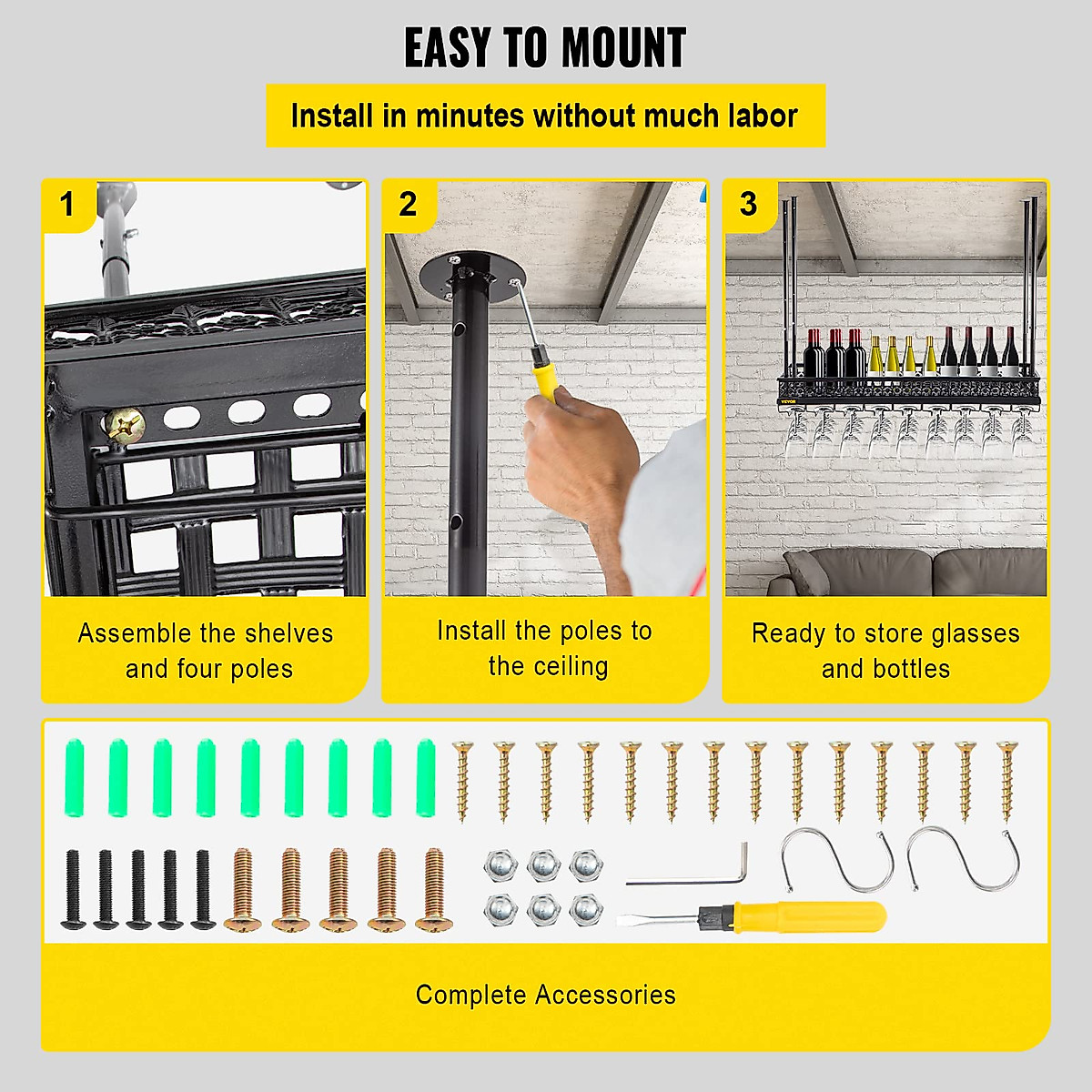 VEVOR Ceiling Wine Glass Rack, 35.8 x 13 inch Hanging Wine Glass Rack, 18.9-35.8 inch Height Adjustable Hanging Wine Rack Cabinet, Black Wall-Mounted Wine Glass Rack Perfect for Bar Cafe Kitchen