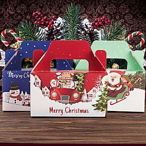 24 PCS 3D Christmas Cookie Gift Boxes with Handles for Holiday Xmas, School Classroom Party Favor Supplies, Candy Treat Cardboard Cookie Boxes, 4 Designs, Christmas Gift Boxes