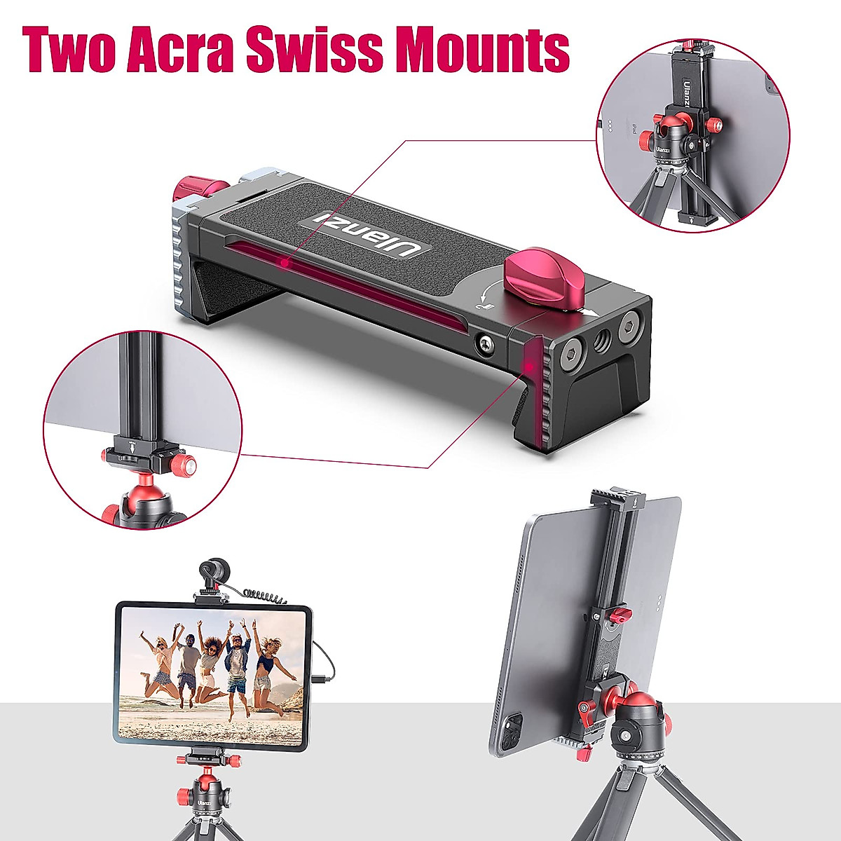 Aluminum iPad Tripod Holder Mount - U-pad III 7.9-12.9in Metal iPad Tripod Adapter w Cold Shoe 2 Acra Swiss QR Mount Adjustable Universal Tablet Clamp Video Recording for iPhone iPad Air Mini