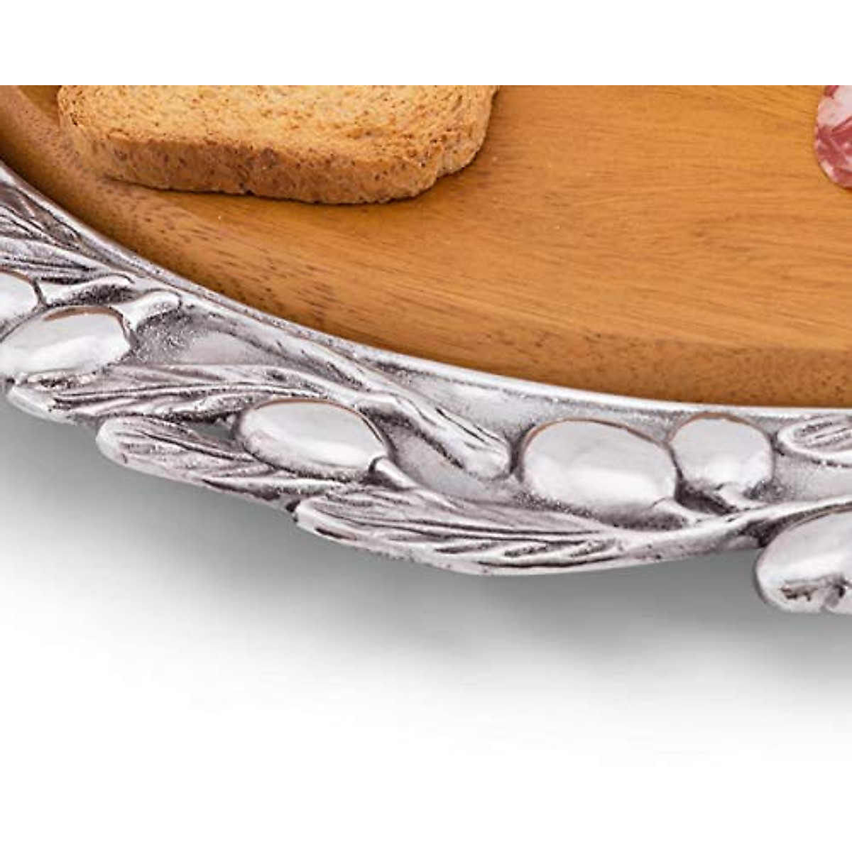 Arthur Court Sand-Cast Aluminum Pizza or Cheese Server with Wood Board; Olive Pattern Metal Holder 16 inch Diameter