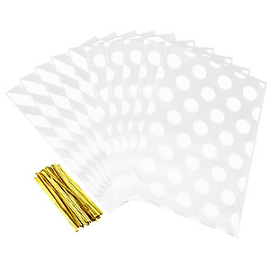 uxcell 200 Pcs Clear Cello Bags, Clear Flat Stripe Snowflake Plastic Cello Treat Bags with Gold Twist Ties Gift Bags Cookie Bags for Christmas Snacks Candy Cookie Gifts, White/Silver