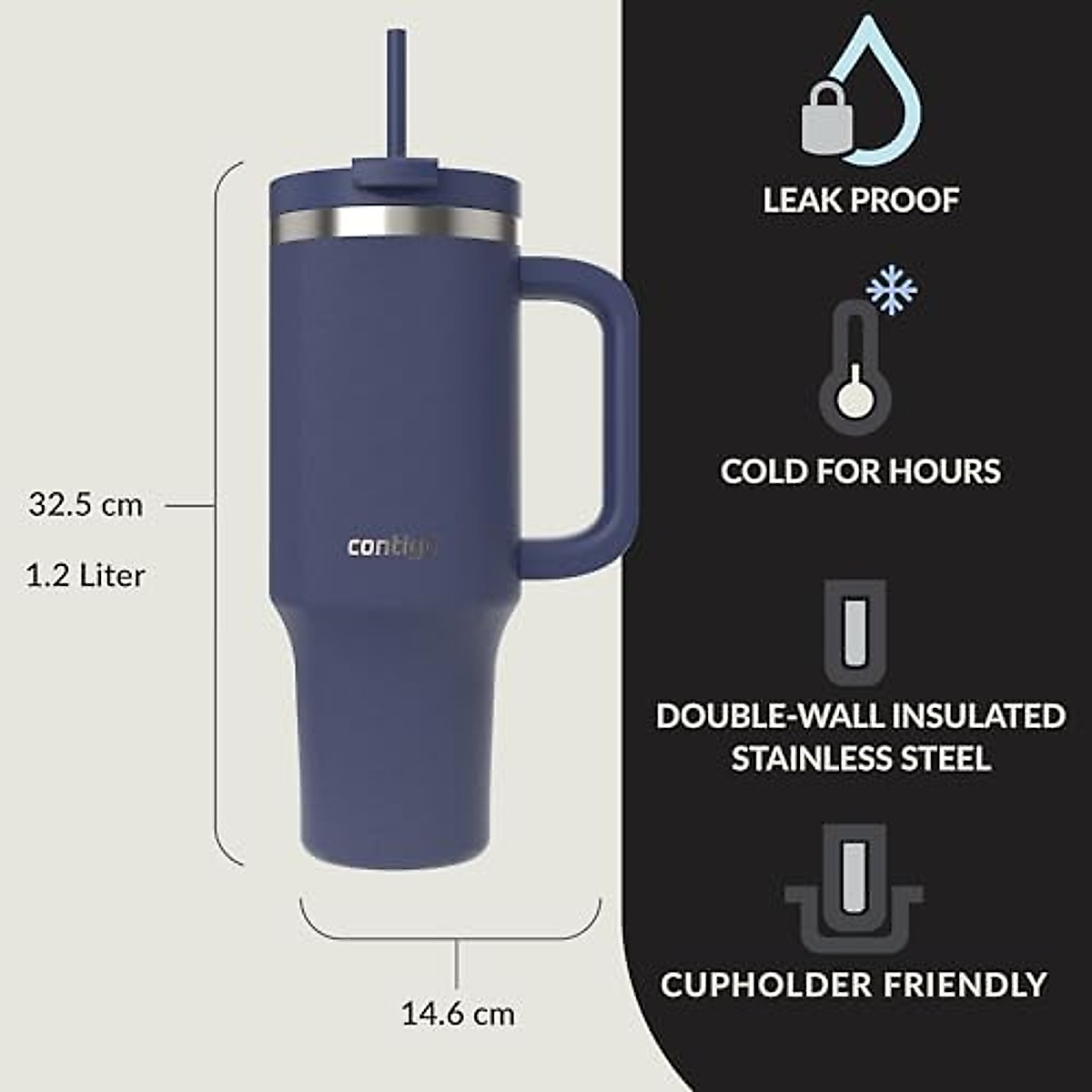 Contigo Streeterville Tumbler 1200 ml with Handle | Stainless Steel Vacuum Insulated Water Bottle with Straw and Lid | Cold for 29 Hours | Travel Mug | Thermal Flask | BPA Free