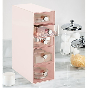 mDesign Plastic 5-Drawer Organizer for Makeup Storage - 5-Tier Storage Organizer - Stackable Organization with Pull-Out Drawers for Bathroom, Vanity, or Desk - Lumiere Collection, Light Pink/Clear