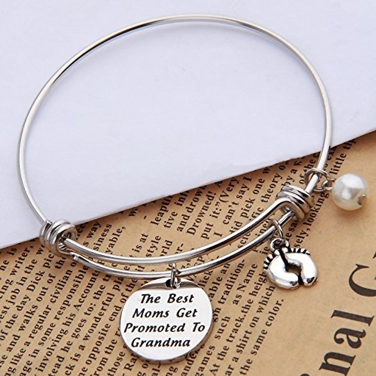 FEELMEM New Grandma Gift The Best Moms Get Promoted to Grandma Bangle Bracelet with Baby Footprint Charm (Silver)
