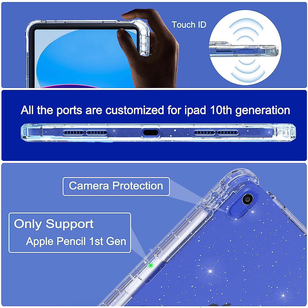 Rantice iPad 10th Generation Case with Screen Protector, Pencil Holder & Kickstand - Slim, Glittery, and Shockproof Bumper for Women and Girls, Clear Glitter