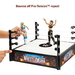 Mattel WWE Superstar Ring, 14 inches with Spring-Loaded Mat, 4 Event Apron Stickers & Pro-Tension Ropes for WWE 6-inch Action Figures