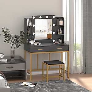 Makeup Vanity with Lighted Mirror, Black Vanity Mirror with Lights and Table Set, Vanity Set with 10 LED,Vanity Desk with 3 Lighting Modes and 2 Drawers&Cushioned Stool for Bedroom