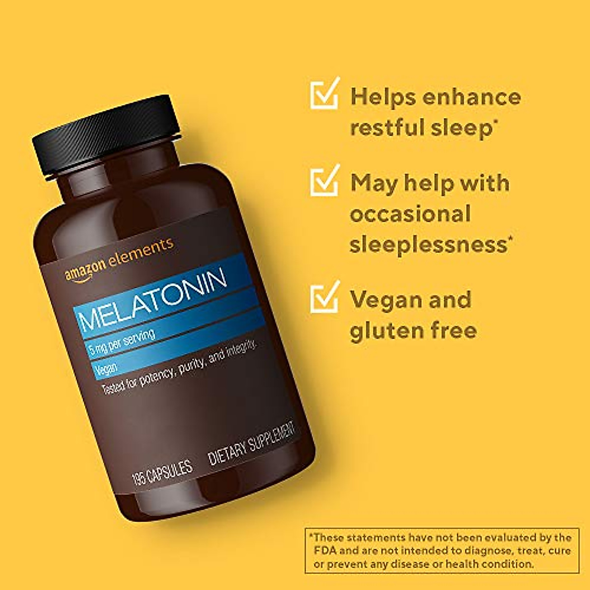 Amazon Elements Melatonin 5mg, Vegan, Helps with occasional sleeplessness, 195 Capsules, 6 month supply (Packaging may vary)