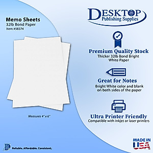 Premium Weight 32lb Bond White 4" x 6" Sheets - Note Paper Memo Sheets (100 Sheets)