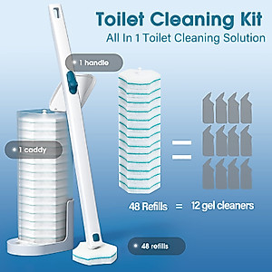 BALORIZ Disposable Toilet Brush with 48 PCS Toilet Refills, Disposable Toilet Cleaning System- Toilet Brush, Storage Caddy and 48 Toilet Bowl Brush Refill Heads for Bathroom Cleaning