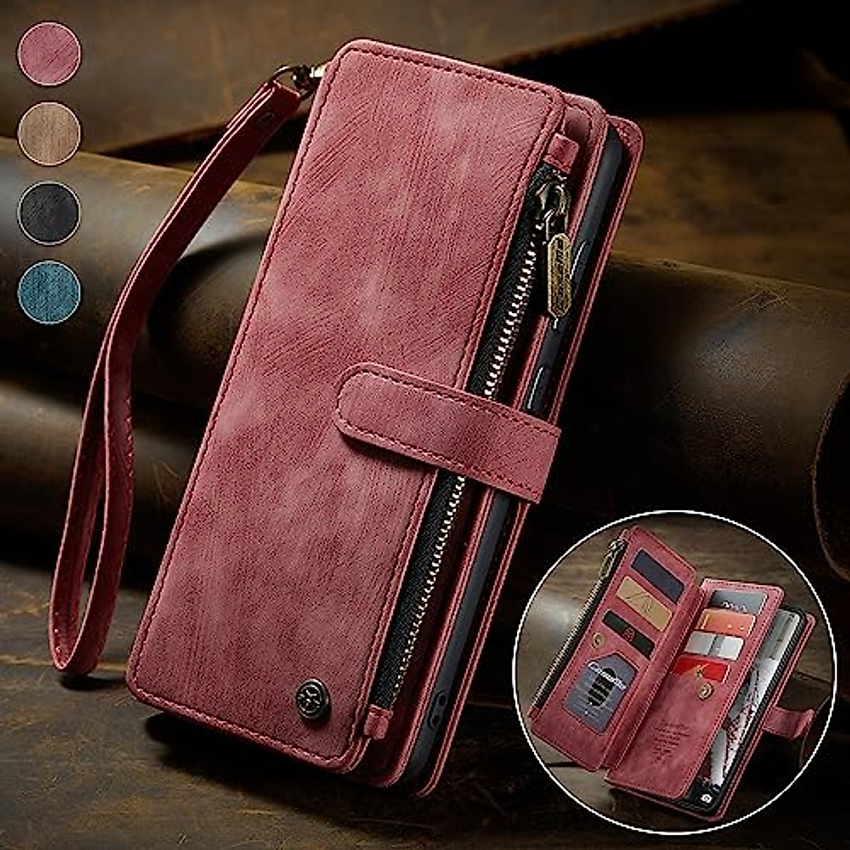 SLLMYYX Wallet Case Compatible with Samsung Galaxy S9 Plus, Luxury PU Leather Handbag Zipper Pocket Case 10 Card Slots and Wrist Strap (Red)