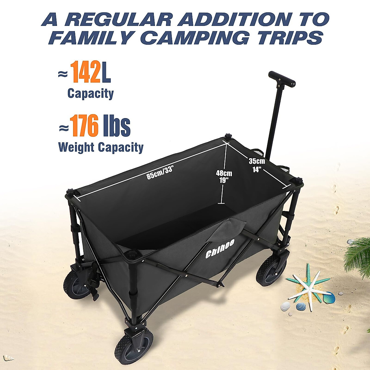 Chihee Folding Wagon Cart Garden Cart Heavy-Duty with 2 Cup Holders,Camp Cart for Gimballed Wheels with Braking System Large Capacity Removable Fabric,for Sporting Events,Camping,Beach Trips