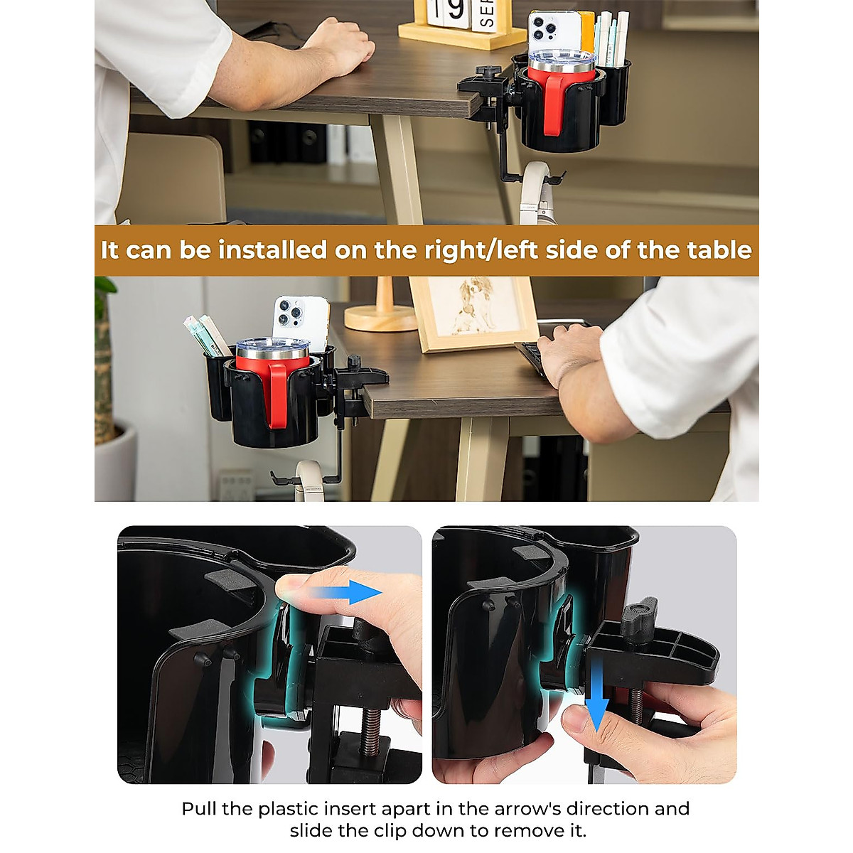 yamagahome Desk Cup Holder, 2 in 1 Large Table Cup Holder with Headphone Hanger, Anti-Spill Cup Holder for Water Bottles 18-40 oz, for Wheelchairs, Workstations, Gaming Desk Accessories black