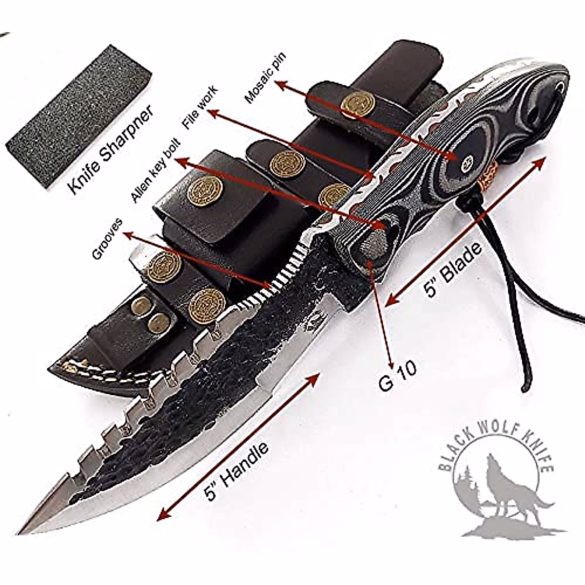 HEAVY DUTY 7MM Handmade 1095 High carbon steel Tracker Knife EDC for Hunting, Bush craft, Camping, Fixed Blade G10 Handle with Cowhide Leather Sheath, BW-4142 BLACK AND GREY