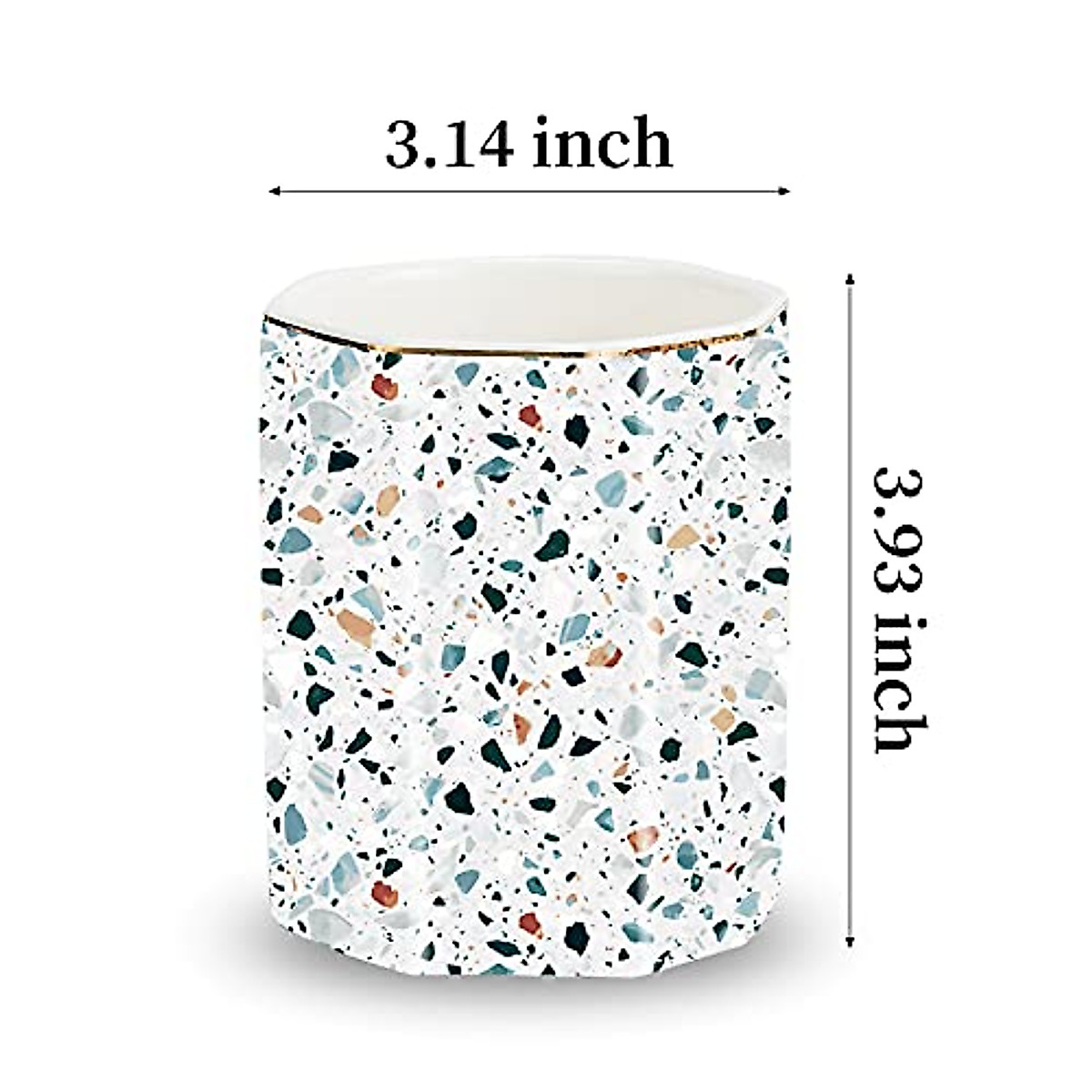 LEAZUL Pen Holder, Makeup Brush Holder Ceramic Shiny Gold Terrazzo Marble Stone Pattern Pencil Cup for Girls Kids Women Durable Stand Desk Organizer Storage Gift for Office, Classroom, Home Light Blue