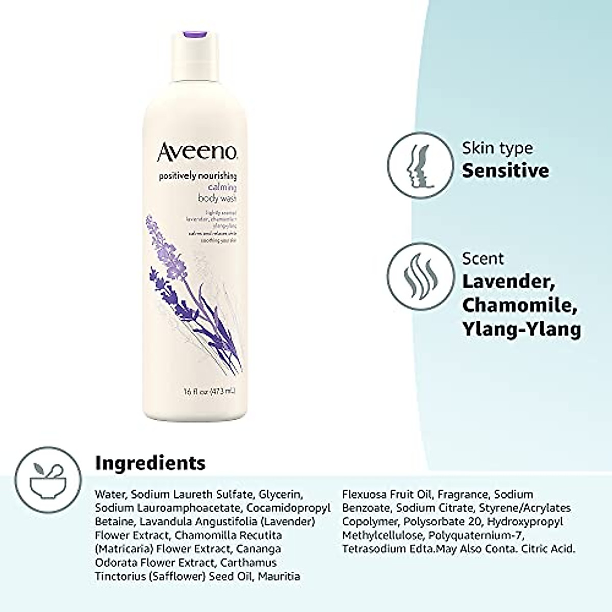 Aveeno Positively Nourishing Calming Body Wash with Lavender, Chamomile & Ylang-Ylang, Lightly Scented Daily Moisturizing Body Cleanser to Soothe & Relax, 16 fl. oz