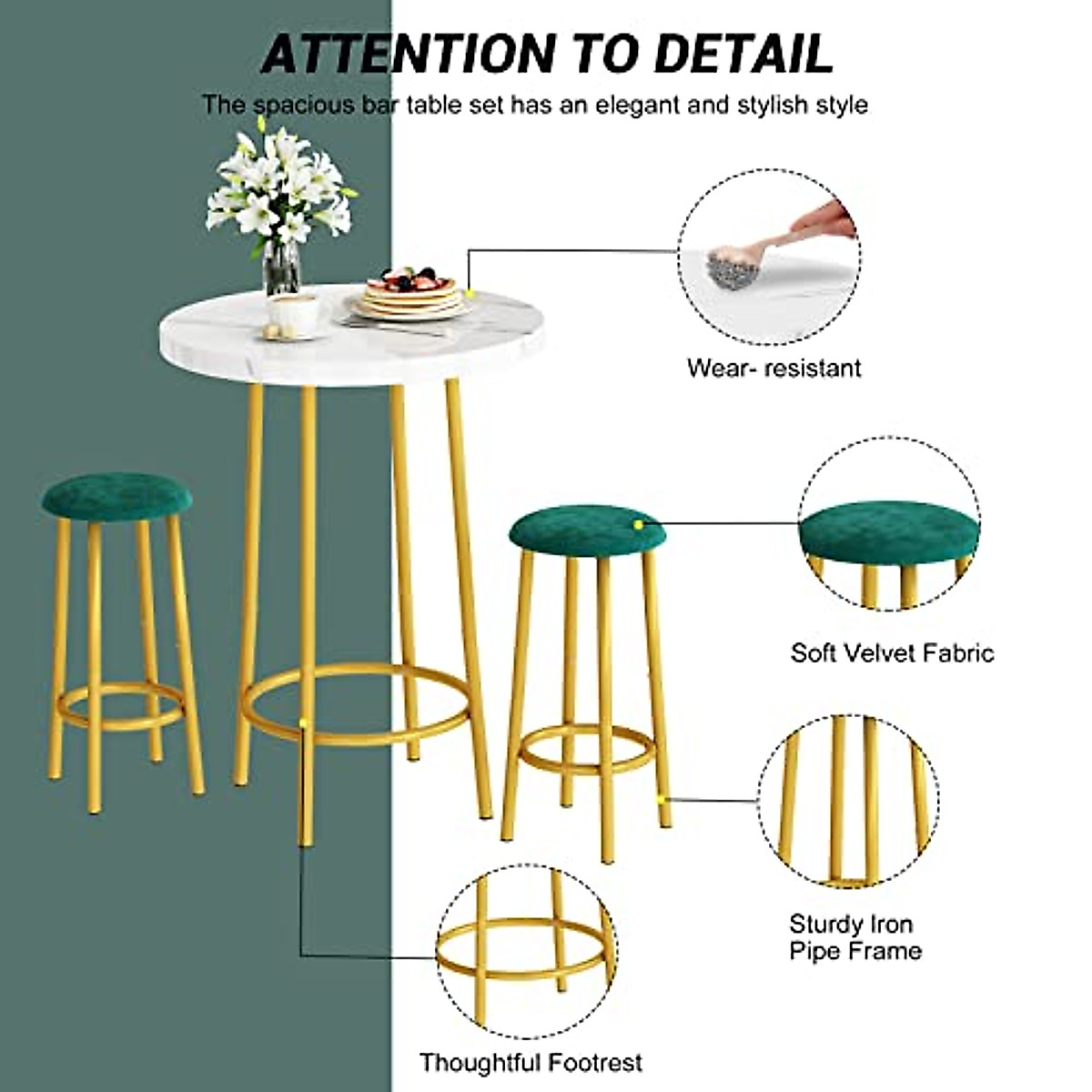 Hooseng Bar Table Set, 3 Pieces Round Dining Table Set with Counter Height Faux Marble Table and 2 Stools, Space Saving Bar Table and Chairs Set for Breakfast Nook Apartment Cafe Small Space, Green