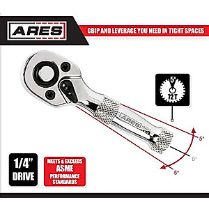 ARES 42035-1/4-Inch Drive 72-Tooth Stubby Ratchet - Chrome Vanadium Steel Construction and Mirror Polish Finish - 3.35-Inch Length - Quick Release Reversible Head