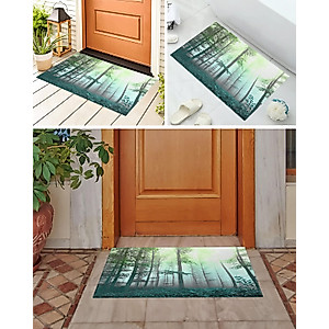 ALAGEO Fall Doormat Sunshine Teal Green Forest Door Mat Welcome Mats Entrance Floor Mat Trees Mist Fall Seasonal Harvest Thanksgiving Floor Mat Outdoor Indoor Runner Rugs Non-Slip Floor Mat 16"x24"
