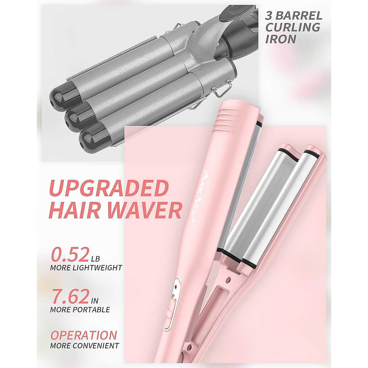 AmoVee Travel Hair Crimper Curling Iron, Professional Mini Hair Waver 0.59 Inch Three Barrel Curling Iron, Hair Crimper Small Negative Ions, Dual Voltage