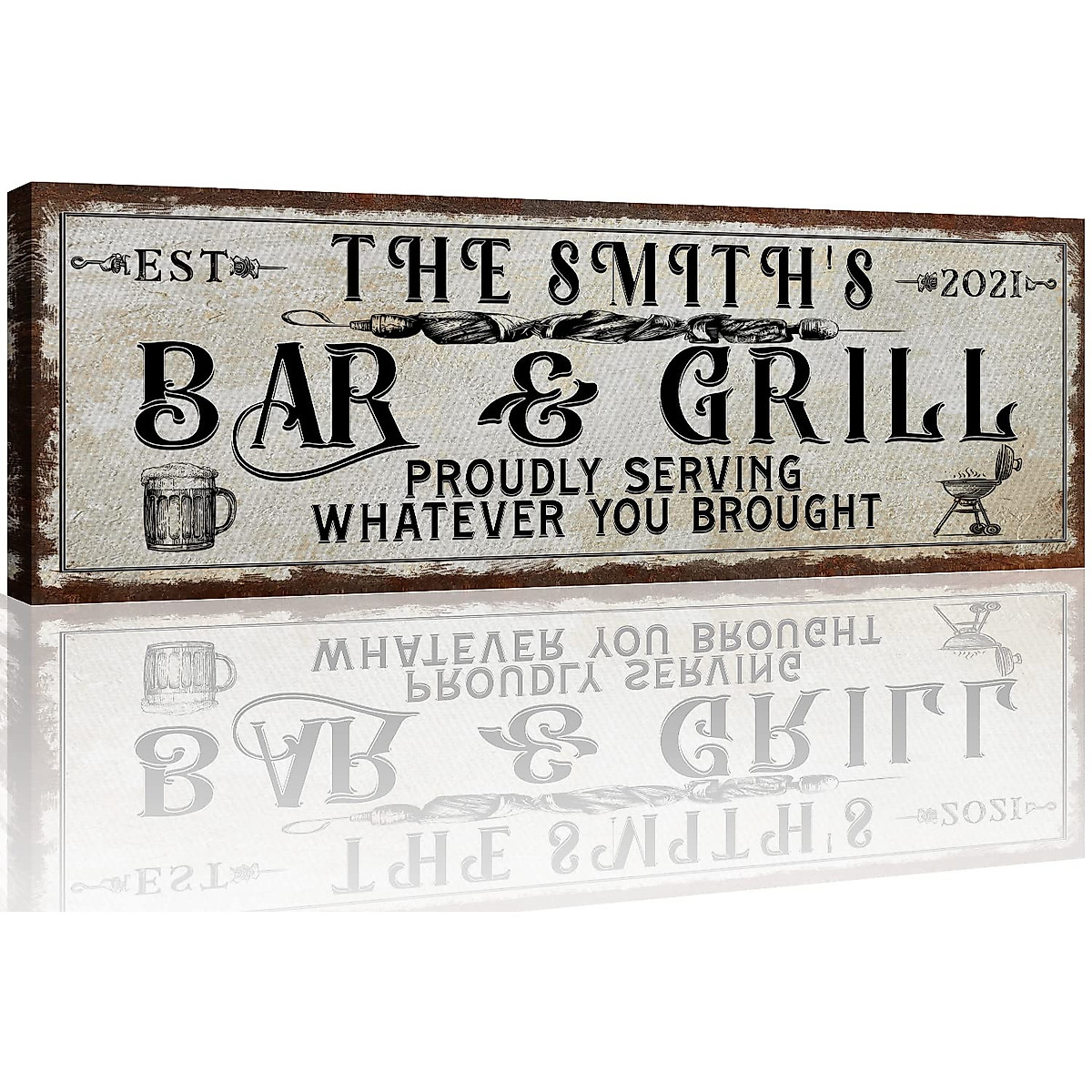 Tailored Canvases Custom Bar and Grill Sign - Canvas Wall Art Decor for Man Cave, Hideout, Kitchen, Pub, Diner and Restaurant - Rustic Bar & Grill Hook on Cloth with 1 Beer Mug and Griller, 48x16in