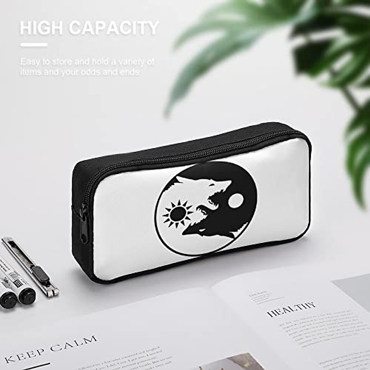 Wolf Yin Yang Sun Moon Pencil Case Stationery Pen Pouch Portable Makeup Storage Bag Organizer Gift