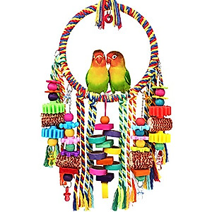 Bird Toys Bird Rope Ring Swing Perch with Corn Cob Cardboard Bagels Wooden Blocks Chewing Toys for Parakeets,Cockatiels,Conure,Lovebirds,Finches and Other Small-Sized Birds
