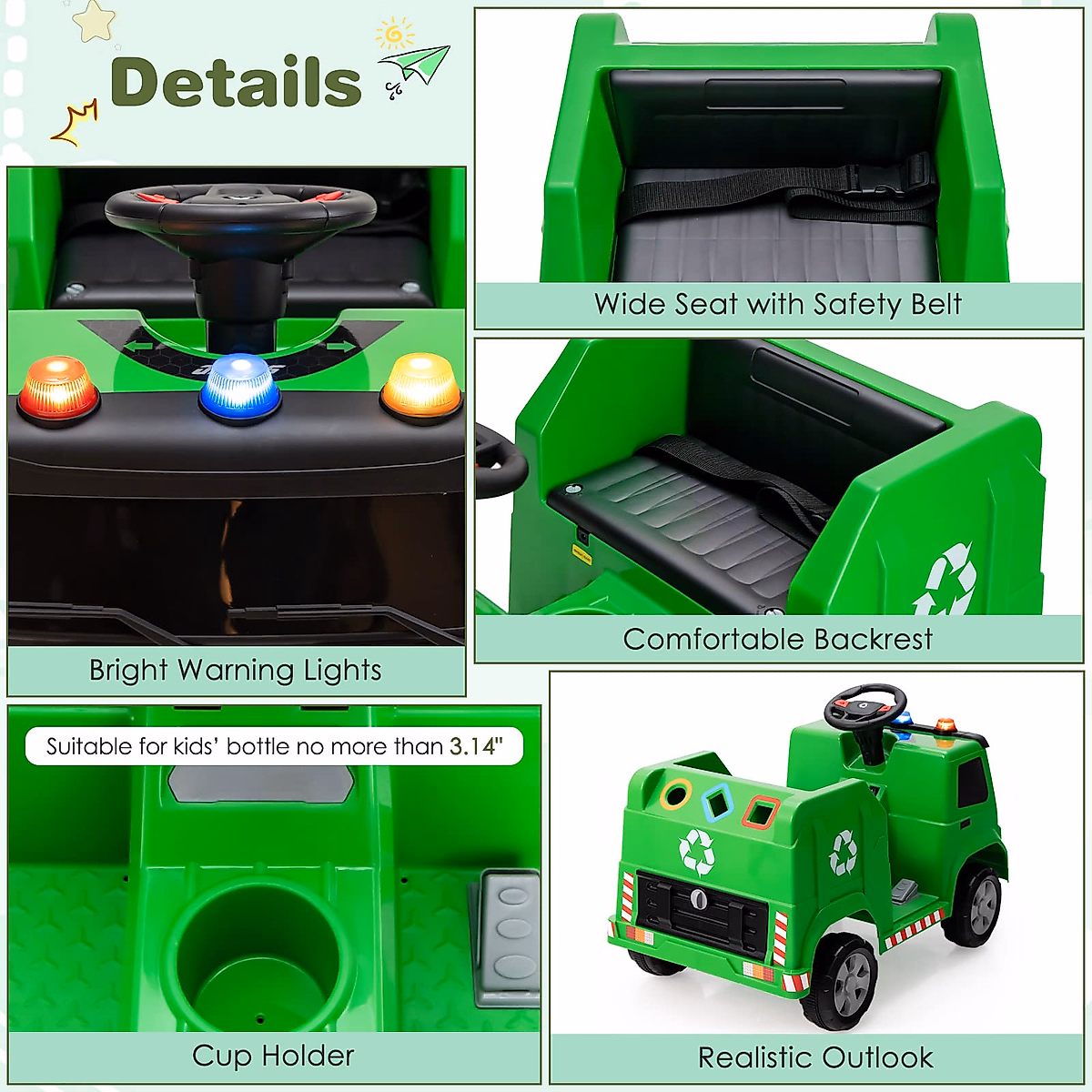 Costzon Ride on Car, 12V Battery Powered Recycling Garbage Truck w/Remote Control, Warning Lights, Music, Horn, 6 Recycling Accessories, Ride on Truck Toy for Kids 3-8 Years Old (Green)