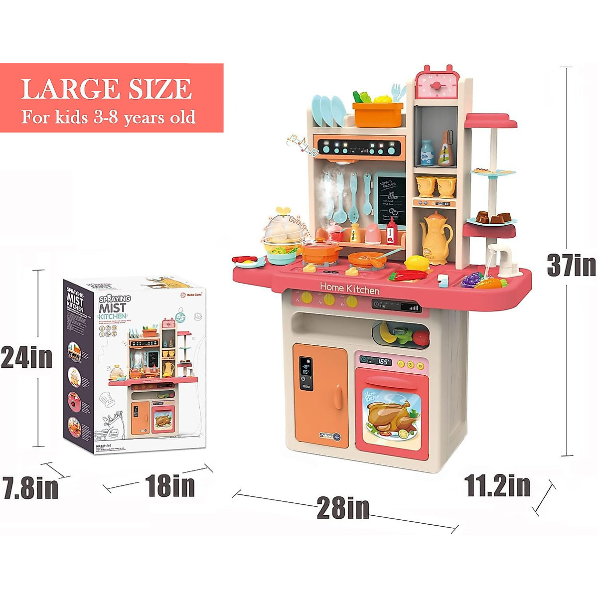Roxie Play Kitchen Set for Girls, Pink Kitchen with Realistic Lights & Sounds, Play Sink with Runnng Water, Cooking Stove with Steam, 65 PCS Jumbo Kitchen Toys for Kids