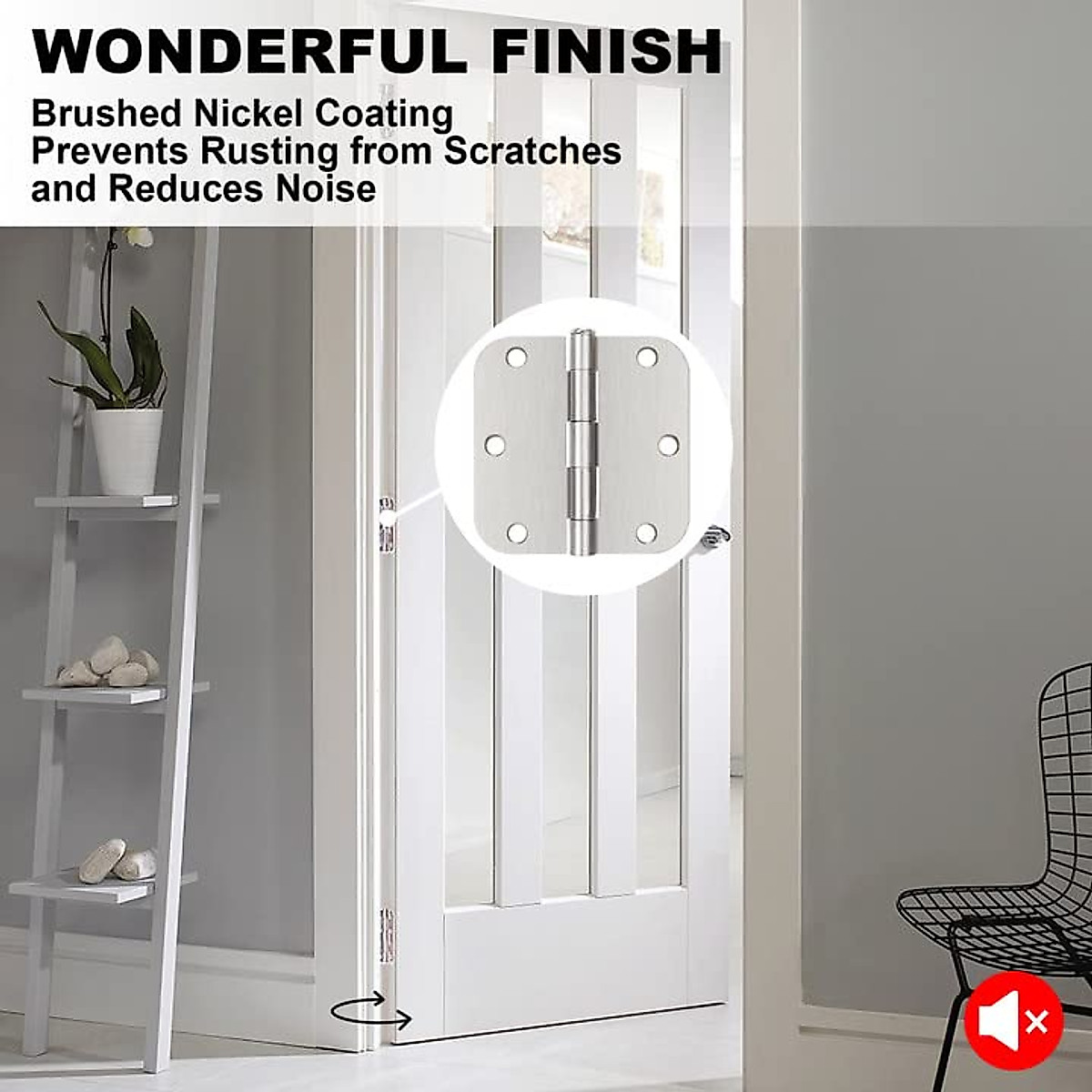 Door Hinges, Brushed Nickel 3.5 x 3.5 Inch Interior 3 1/2 Inch Silver Door Hinges Rounded 5/8" Radius Corners Iron Bifold Residential Hinges for Doors Hardware (3 Pack)