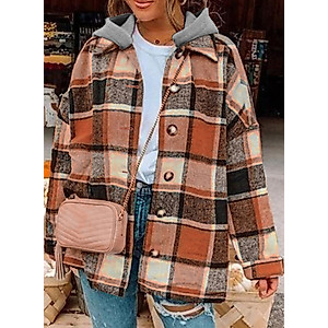 EVALESS Womens Fall Hooded Flannel Shacket Jacket 2023 Trendy Casual Long Sleeve Plaid Corduroy Button Down Shirts Coats Outfits,Orange M