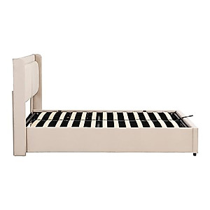 BOVZA Queen Size Lift Upholstered Platform 2 Drawers, Modern Wingback Headboard, Hydraulic Storage Bed Frame, Linen Beige