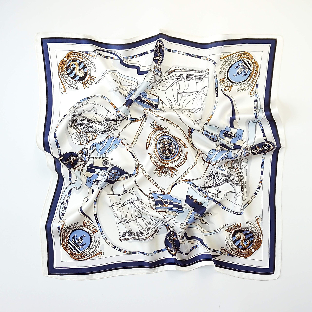 ANDANTINO 100% Pure Mulberry Silk Scarf 35" Large Square Lightweight Headscarf –Women’s Hair Wraps-With Gift Packed (Navy Blue&White)