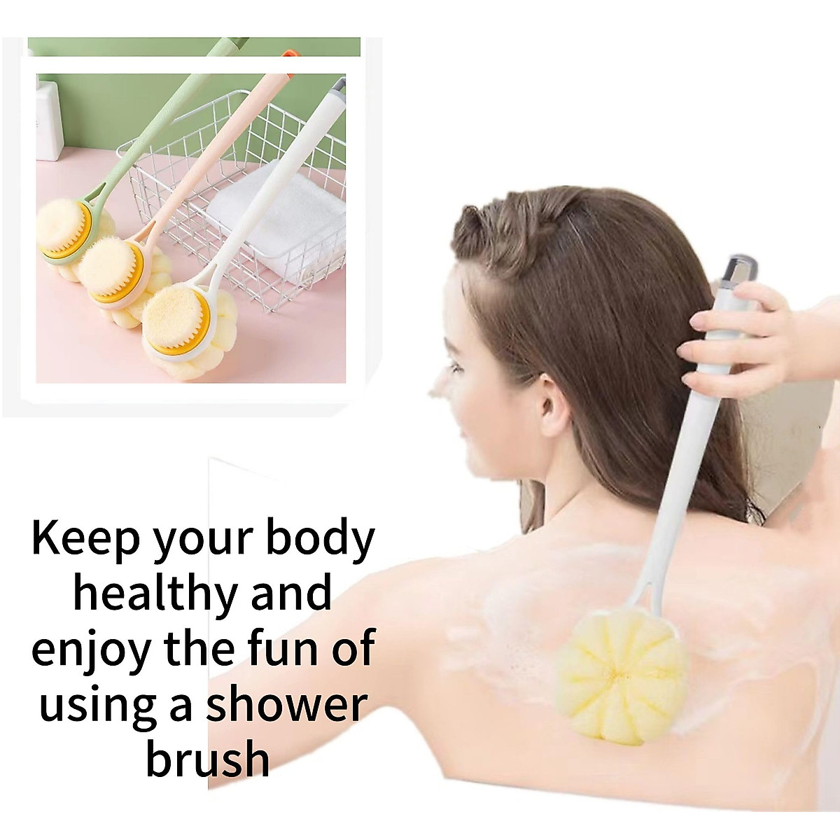 Back Scrubber for Shower, Body Scrubber with Soft Bristles and Loofah, Long Handle Bath Brush Skin Exfoliator Wet or Dry Body Brush, Shower Back Brush for Men Women, Anti Slip Handle, Dual-Sided