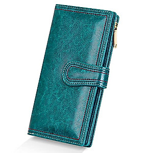 YOUBDM Leather Wallets for Women Large Capacity Credit Card Holder Ladies Travel Clutch Purse Bifold Oil Wax Wallet with Zipper Pocket