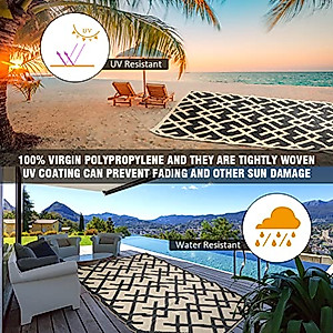 Reversible Mats - Plastic Straw Rug, Outdoor Rug for Patio Clearance Decor, Modern Area Rugs, Floor Mat for Outdoors, RV, Backyard, Deck, Picnic, Beach, Trailer, Camping, Black & Beige, 5' x 8'