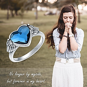 Urn Ring for Ashes Sterling Silver Hold You in My Heart Angel Wings with Heart Cremation Memorial Keepsake Jewelry with Blue Heart Crystal, US Size 7