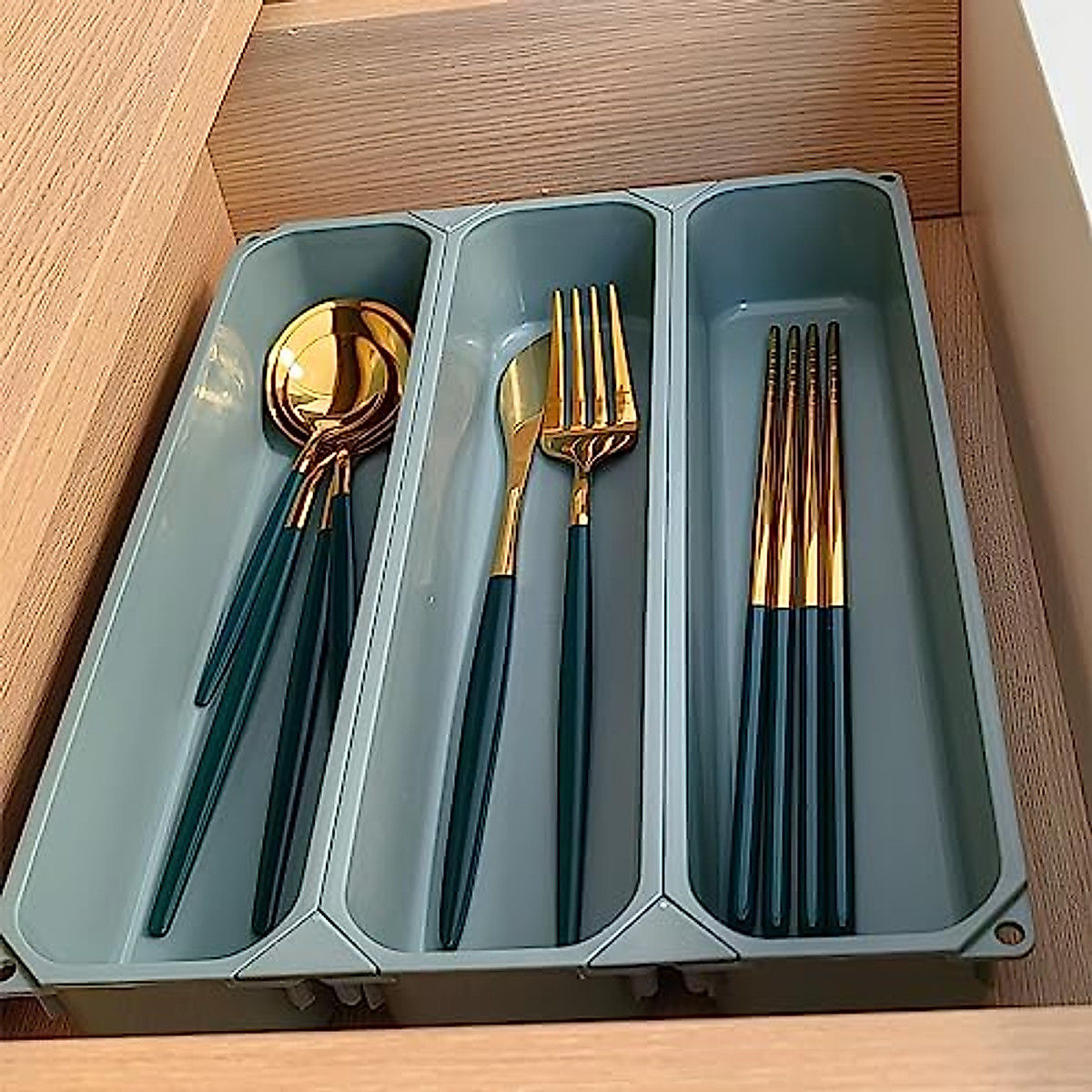 TUNGTAR custom silverware drawer tray BPA Free expandable drawer organizer for utensils holder, cutlery tray, DIY organizer for silverware, flatware, knives (Gray, 10.25 * 7.65INCH 3IN1)