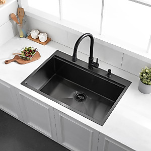 33 Drop In Black Workstation Kitchen Sink, Luckyhorse 33x22 16 Gauge Gunmetal Black Stainless Steel Sink Drop In Workstation Kitchen Sink LH007SB