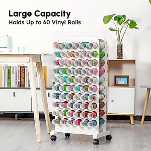 Crafit Mobile Vinyl Roll Holder, 60 Compartment Vinyl Storage Organizer with Locking Caster Wheels, Wooden Vinyl Roll Storage Cart Rack Craft Storage Gift Wrap Organizer for Home Craft Room (2" Hole)